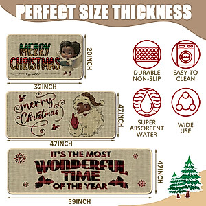 Layhit Christmas Kitchen Rugs and Mats Set of 3 Black Santa Doormat African American Santa Claus Entrance Rug Merry Christmas Winter Farmhouse Party Floor Mat for Kitchen 20 x 29,20 x 47,20 x 59 in
