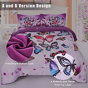 ENCOFT Purple Butterfly Comforter Sets Full Size 3 Pieces, Girls Teen Kids Quilted Bedspread Comforter Bedding Sets, Butterfly Bedding Sets Full