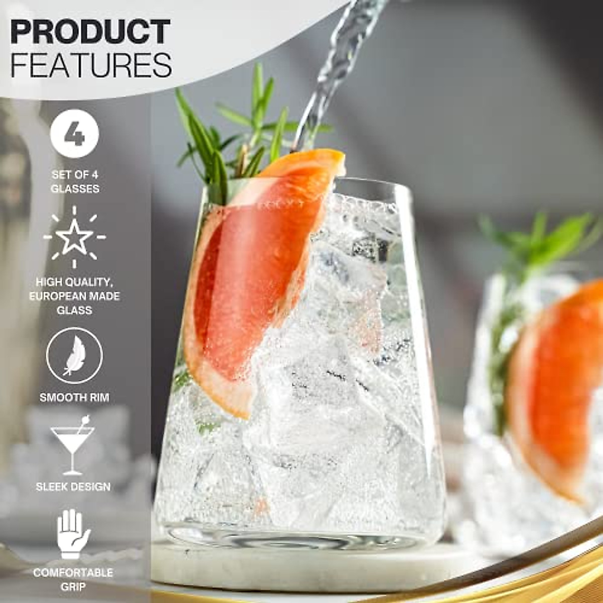 Premium Highball Drinking Glasses Set of 4, 17oz - Ideal Father's Day Gift - High-Quality German-Made, Durable, Elegant Glassware - Perfect for Cocktails, Water, Juice - Sleek European Style Tumblers