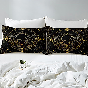 jejeloiu Sun and Moon Comforter Cover Set King Size Kids Boho Duvet Cover Set for Boys Girls Teens Bohemian Bedding Set Breathable Gold Exotic Bedspread Cover Room Decor Quilt Cover