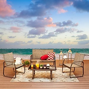 Festival Depot 4 Pieces Patio Furniture Outdoor Conversation Set with Metal Side Coffee Table Steel Armchairs Loveseat Round Angle Edge Summer Small Style