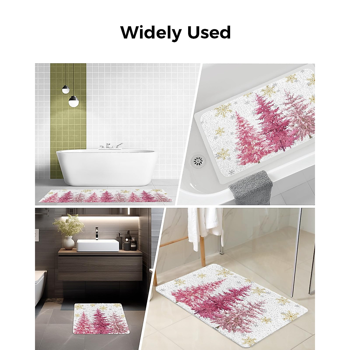 Shower Mat Non Slip Bathtub Mat Pink Christmas Xmas Tree Golden Snowflake Bath Mat Soft Loofah Shower Mats for Shower Tub Bathroom Quick Drying Foot Mat, 16x36 Inch