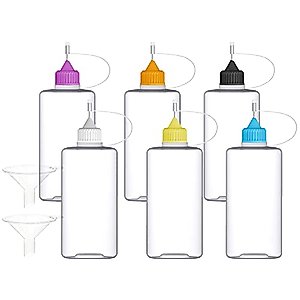 WANBAO 6 Pcs 4 Ounce Needle Tip Glue Bottle Tip Applicator Bottle with 2 Funnel, for Glue, Liquid, Oil, DIY Crafts Etc, Multicolor Lids.