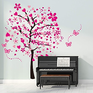 LiveGallery Removable Huge Pink Cartoon Heart Flower Tree Wall Decals Red Butterfly Wall Stickers Home Art Decor for Kids Girls Babys Bedroom Nursery Room Living Room Decorations
