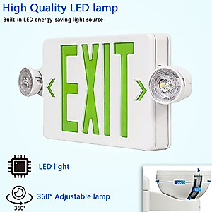 Green LED Exit Sign Emergency Light Combination Adjustable Two Heads and Battery Backup, US Standard Commercial Emergency Exit Lighting, Fire Resistant UL 924 AC 120/277V (8-Pack)
