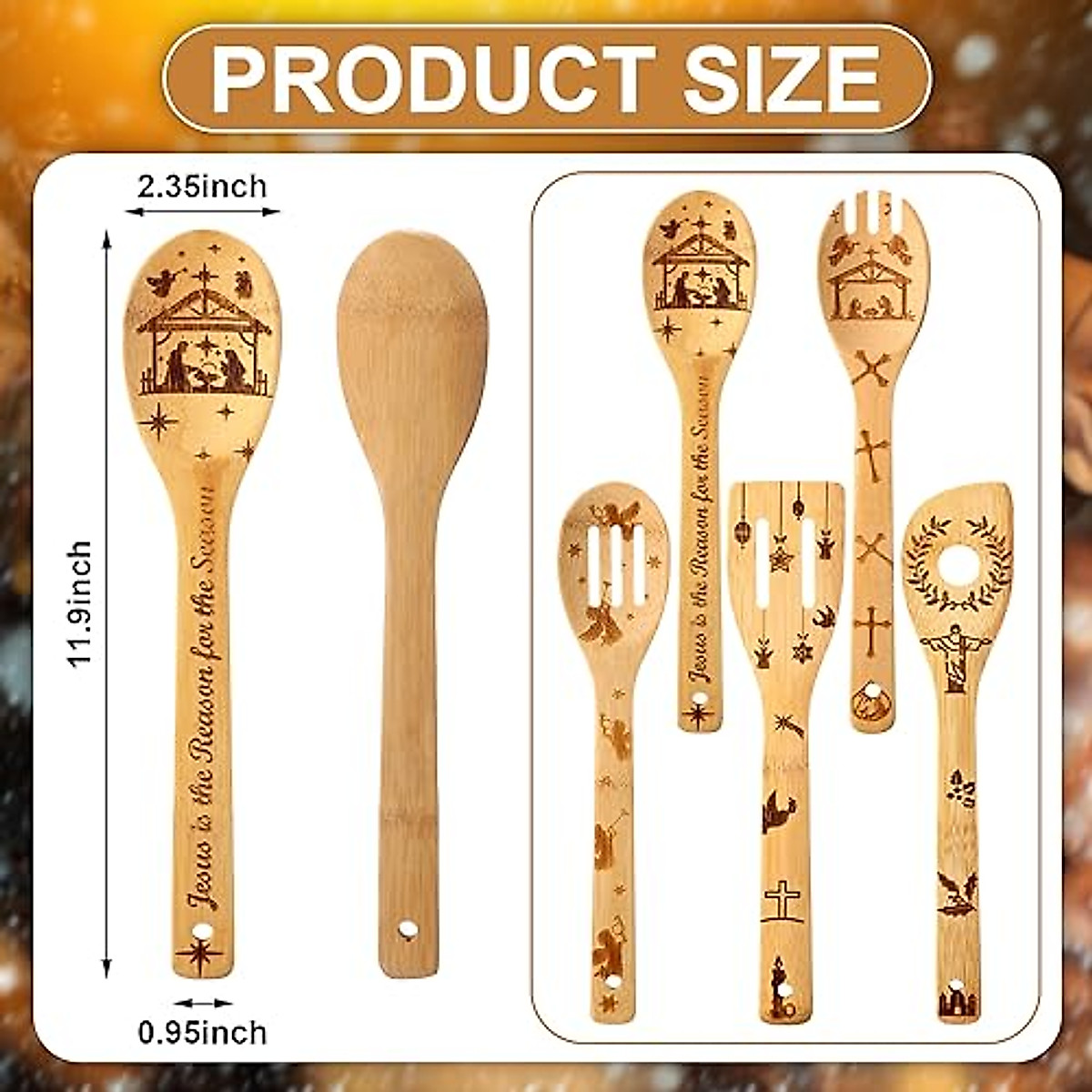 5 Pieces Burned Cooking Utensil Spoon Christmas Wooden Spoons Set Christmas Kitchen Decoration for Christmas Gift House Present Supplies (Religious Style)