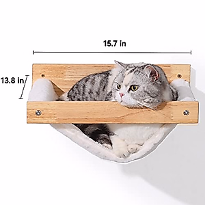 FUKUMARU Cat Hammock Wall Mounted, Kitty Beds and Perches, Wooden Cat Wall Furniture, Stable Cat Wall Shelves for Sleeping, Playing, Climbing, and Lounging, White Flannel Cat Shelves