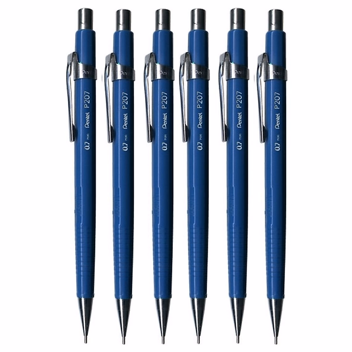 Pentel 0.7mm (P207-C) Blue P200 Series Automatic Mechanical Drafting Pencil Refillable Lead Eraser (Pack Of 6)