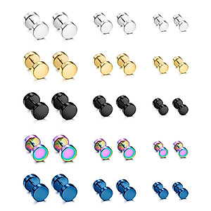 FIBO STEEL 15 Pairs Fake Gauge Earrings for Men Women Stainless Steel Stud Earrings Cheater Plug Earrings Faux Gauges Ear Tunnel Set 4/6/8mm
