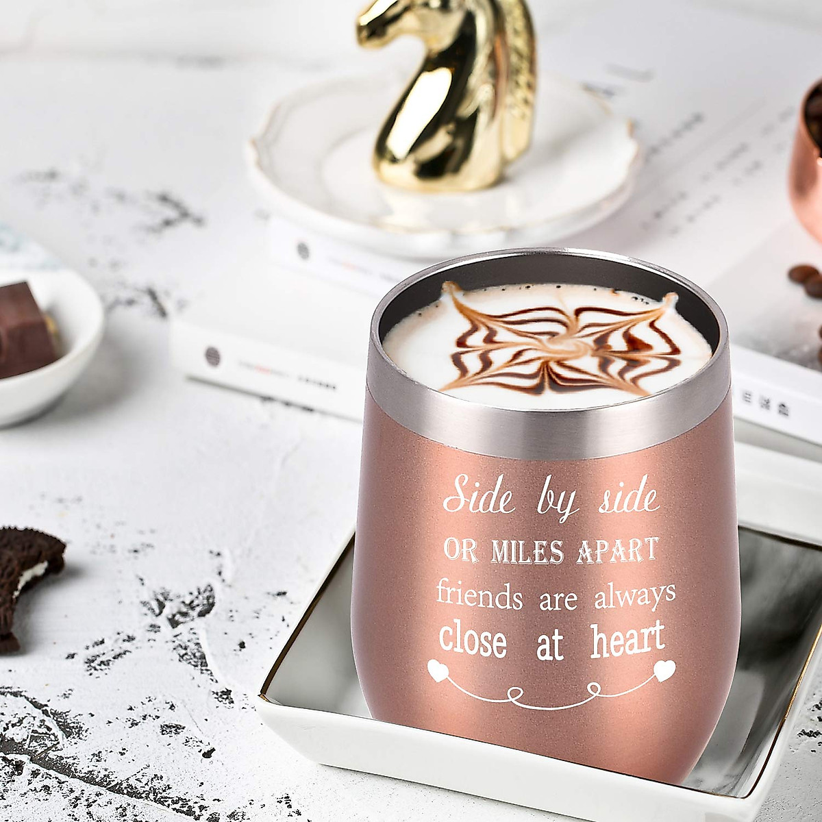 Friends Wine Tumbler Set of 4, Side By Side or Miles Apart Friends Are Always Close at Heart Wine Tumbler for Long Distance Friendship, 12 Oz Stainless Steel Insulated Wine Tumbler with Lid and Straw