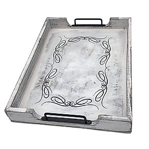 Booleaf Serving Tray, Authentic Paulownia Wood, Sturdy Black Metal Handles - Tribal Design
