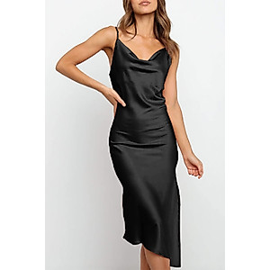 PRETTYGARDEN Women's Satin Dress Sleeveless Spaghetti Strap Side Slit Cowl Neck Midi Bodycon Dresses (Black,Large)