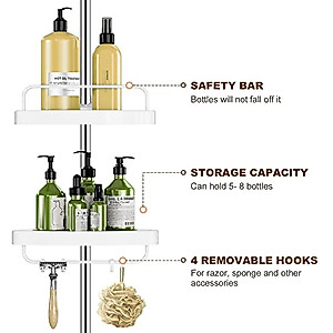 Corner Shower Caddy Tension Pole: Adjustable Stainless Steel Shower Organizer with 4 Tier Shelf for Bathroom Bathtub Tub Shampoo - Floor Standing Rack Bath Storage Holder with Rust Proof Rods