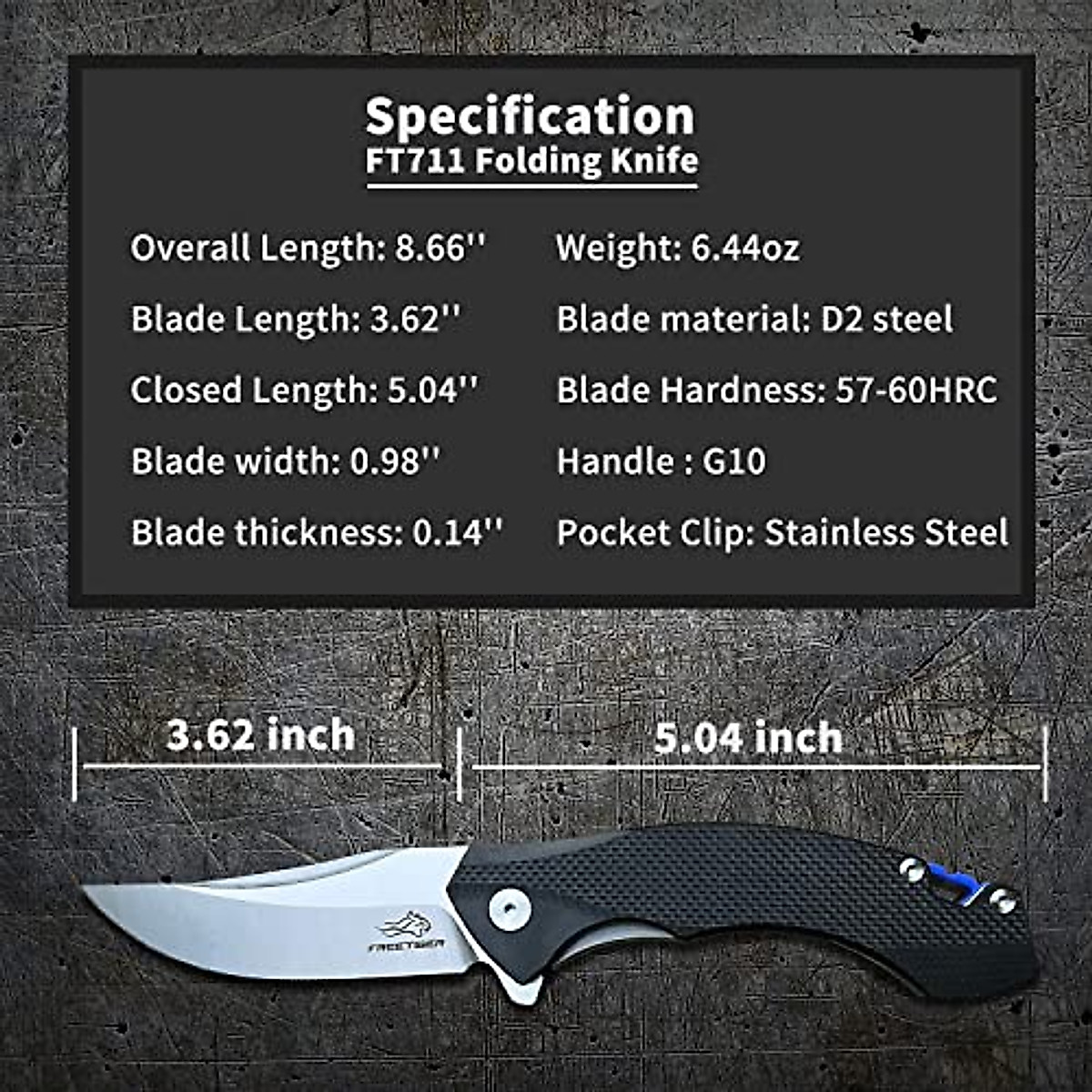 FreeTiger Foldable Pocket Knife(FT711) D2 Steel 3.62 Inch Fine Edge Blade -Best Camping Hunting Fishing Hiking Survival Military EDC Tactical Knives Men Gifts for Dad Backpacker
