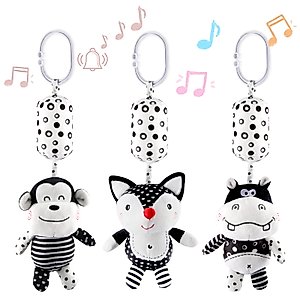 ZEIZRWK Hanging Rattles Toys White & Black Stroller Toy, Newborn Toys Infant Toys Crib Toys, Soft Plush for Stroller Car Seat Crib with Wind Chimes, Best Birthday Gift for Newborn(Fox Monkey Hippo)