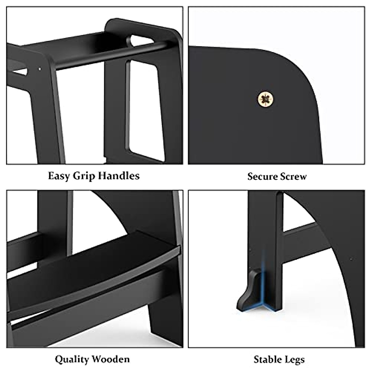 MOAMUN Wooden Step Stool for Kids, Adjustable Height Toddler Learning Helper Tower with Handle, Solid Wood Step Stool for Kitchen,Bathroom,Bedroom (Black)