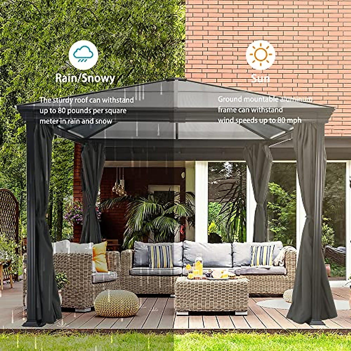 ESSENTIAL LOUNGER 12ftx10ft Hardtop Gazebo, Outdoor Aluminum Metal Gazebo Tent, 99% UV Rays Block,100% Waterproof Polycarbonate Gazebo Canopy with Curtain Screens, for Outdoor Patio Garden