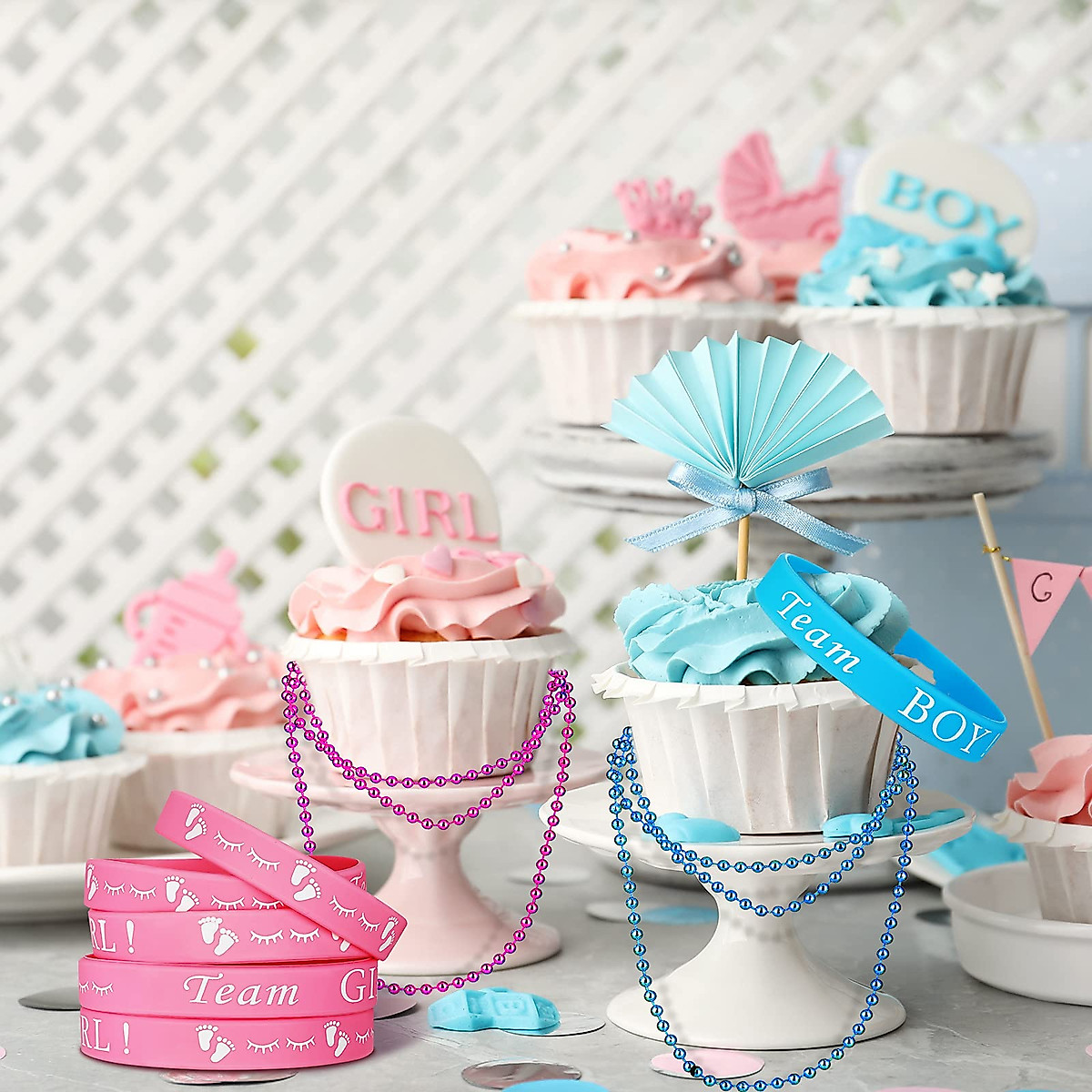 48 Gender Reveal Bracelets and Bead Necklaces Set Includes 24 Pieces Team Boy Team Girl Bracelet and 24 Pieces Bead Necklaces for Gender Reveal Party Supplies, Baby Shower, Pink and Blue