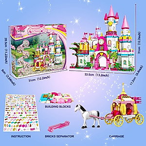 Castle STEM Building Toys for Girls Ages 6 7 8 9 10 11 12 Years Old, VINTOP Building Sets for Girl Boys, 1000PCS Pink Princess Castle Carriage Playsets Creative Building Blocks Xmas Toy Gifts for Kids