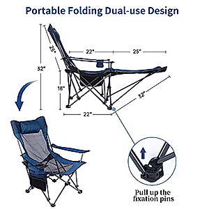 NURTUDIS Camping Lounge Chair, Portable Camping Chair with Footrest, Folding Reclining Camping Chair,Storage Bag & Headrest, Mesh Recliner, 330lbs Weight Capacity (Blue)