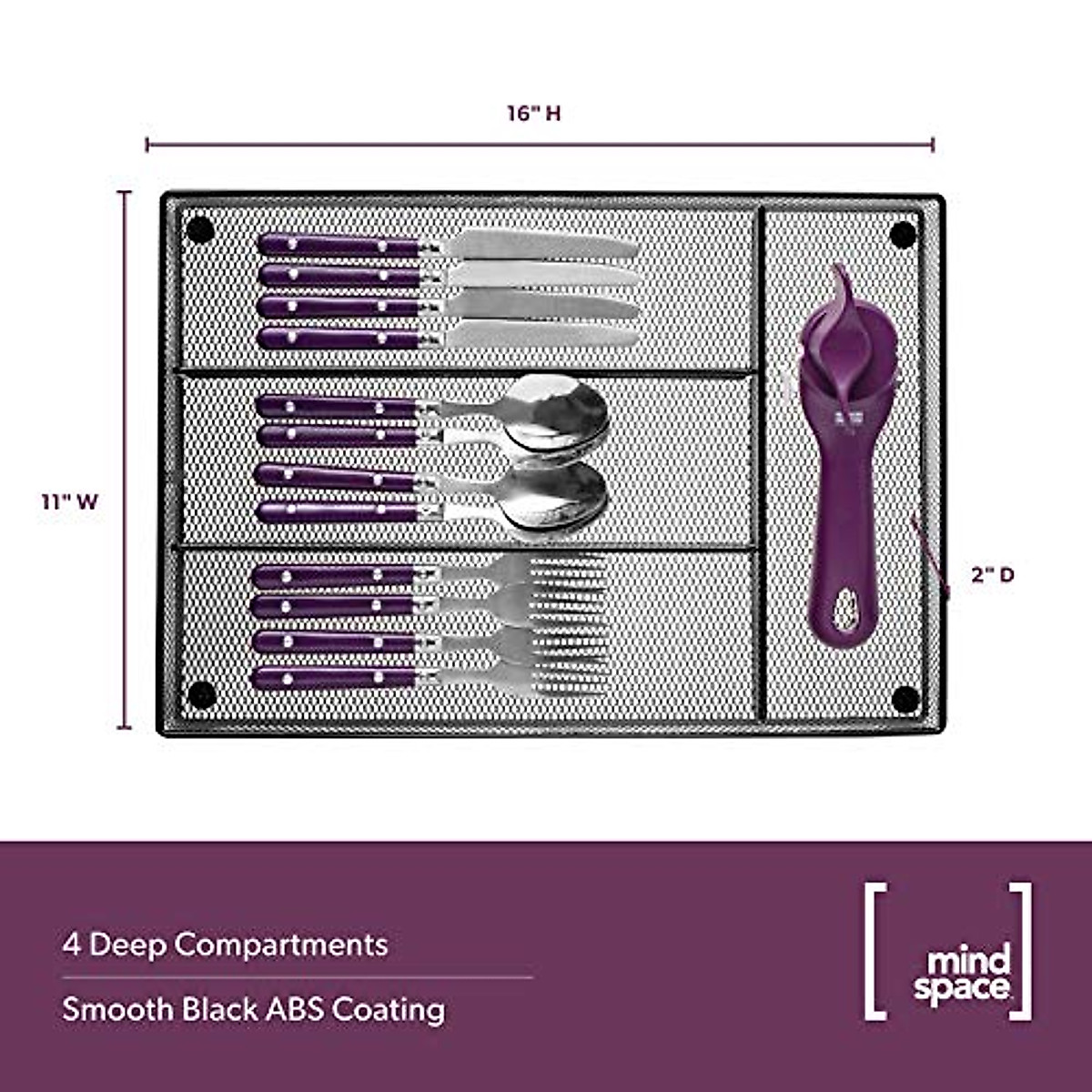 Mindspace Cutlery Tray, 4 Compartments | Kitchen Utensil Drawer Organizer | Metal Silverware Organizer | The Mesh Collection, Black