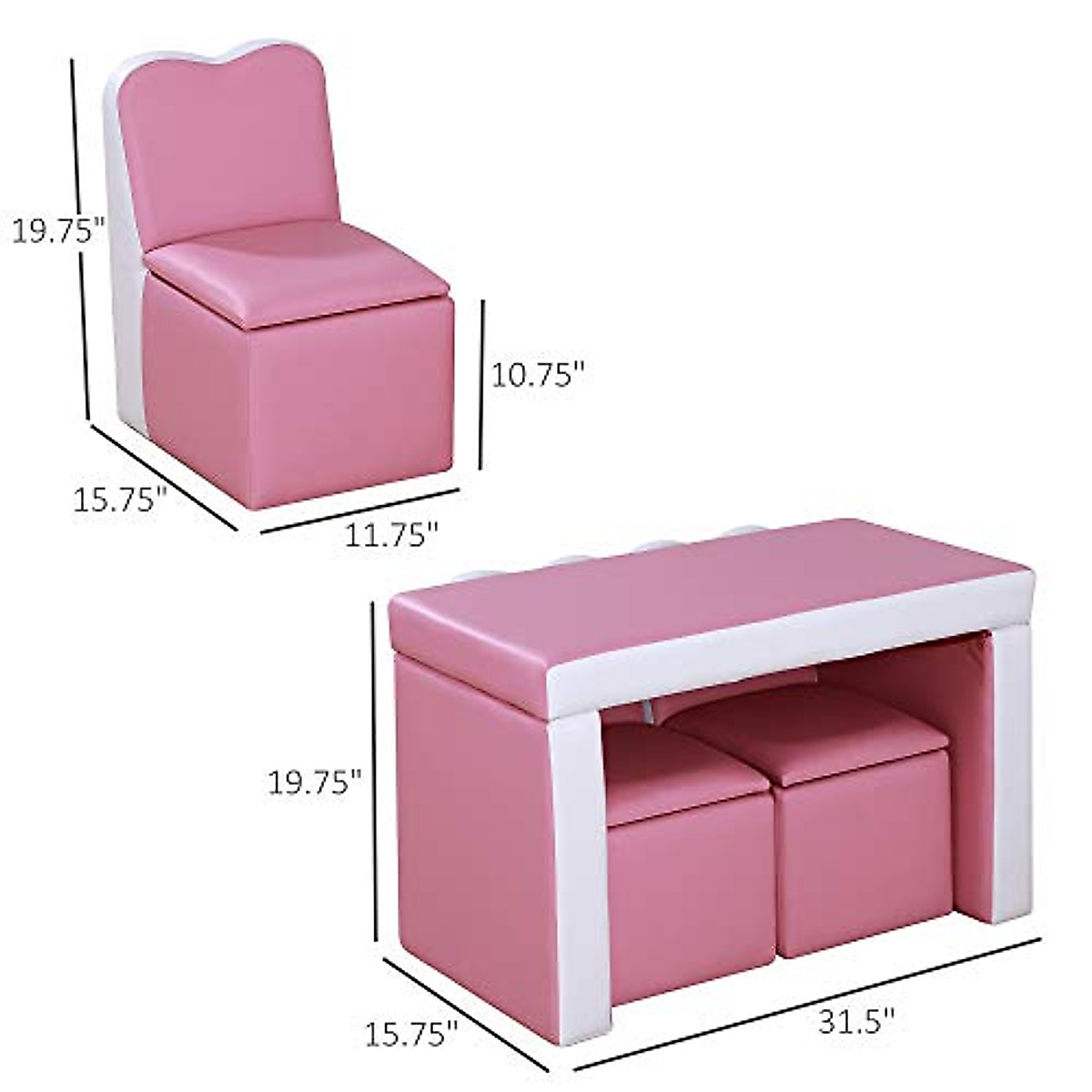 Qaba Kids Sofa Set 2-in-1 Multi-Functional Toddler Table Chair Set 2 Seat Couch Storage Box Soft Sturdy Pink