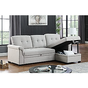 RITSU L-Shape Reversible Linen Fabric Sleeper Sectional Sofa with Storage Chaise, Light Gray Corner Couch with Arms for Living Room, Home Furniture, Apartment, Dorm