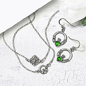 Friendship BFF Simulated Green Emerald CZ Heart Circle Irish Love Symbol Celtic Claddagh Dangle Earrings For Women Girlfriend Oxidized .925 Sterling Silver Fish Hook