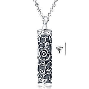 Rose Flower Urn Necklaces Cylinder Bar Urn Necklace for Ashes 925 Sterling Silver Pendant Necklace Keepsake for Ashes Memory Keepsake Cremation Jewelry for Women (Cylinder Rose)