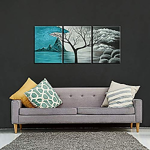 iKNOW FOTO 3pcs Grey and Teal Canvas Wall Art Abstract Cloud Tree Pictures Contemporary Landscape Giclee Artwork Painting Decorative Panels for Walls Bathroom Master Bedroom Decor 12x16inchx3pcs
