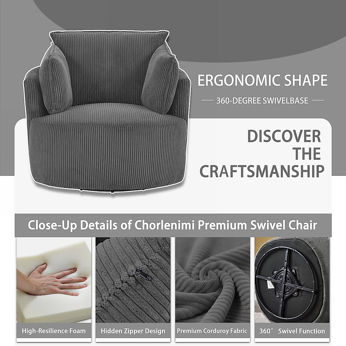 Chorlenimi Swivel Accent Chair,Corduroy Accent Chairs for Living Room,Comfy Living Room Chairs,Oversized Swivel Chair for Bedroom,360° Barrels Chairs,No Assembly Required