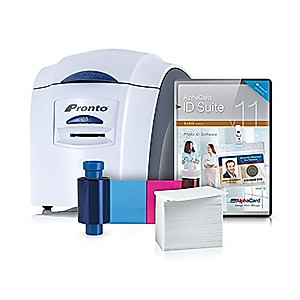 Magicard Pronto ID Card Printer System with 100 Print YMCKO Ribbon, 100 Premium Alphacard Cards, and Alphacard ID Suite Basic Software (PC)