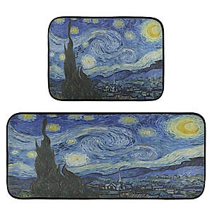 ALAZA Van Gogh Starry Sky Oil Painting 2 Piece Kitchen Rug Floor Mat Set Runner Rugs Non-Slip for Kitchen Laundry Office 20" x 28" + 20" x 48"