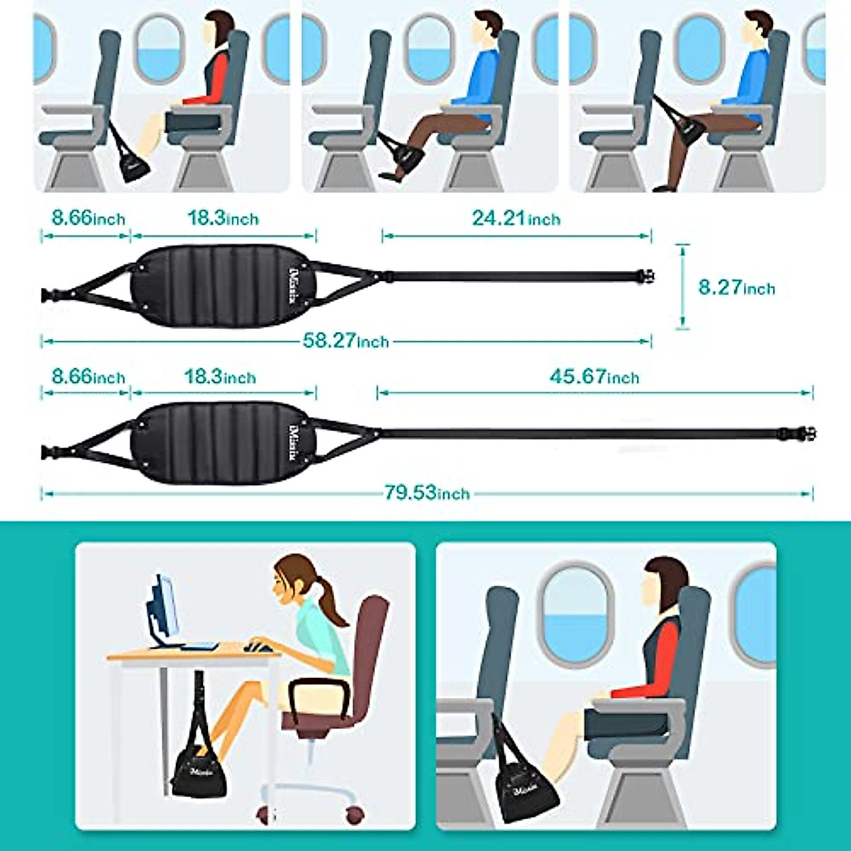 Airplane Foot Hammock | Adjustable Travel Footrest with Memory Foam | Portable Footrest Under Desk for Work Or Travel Relaxation | Comfortable Flight Carry-on Foot Rest - Black