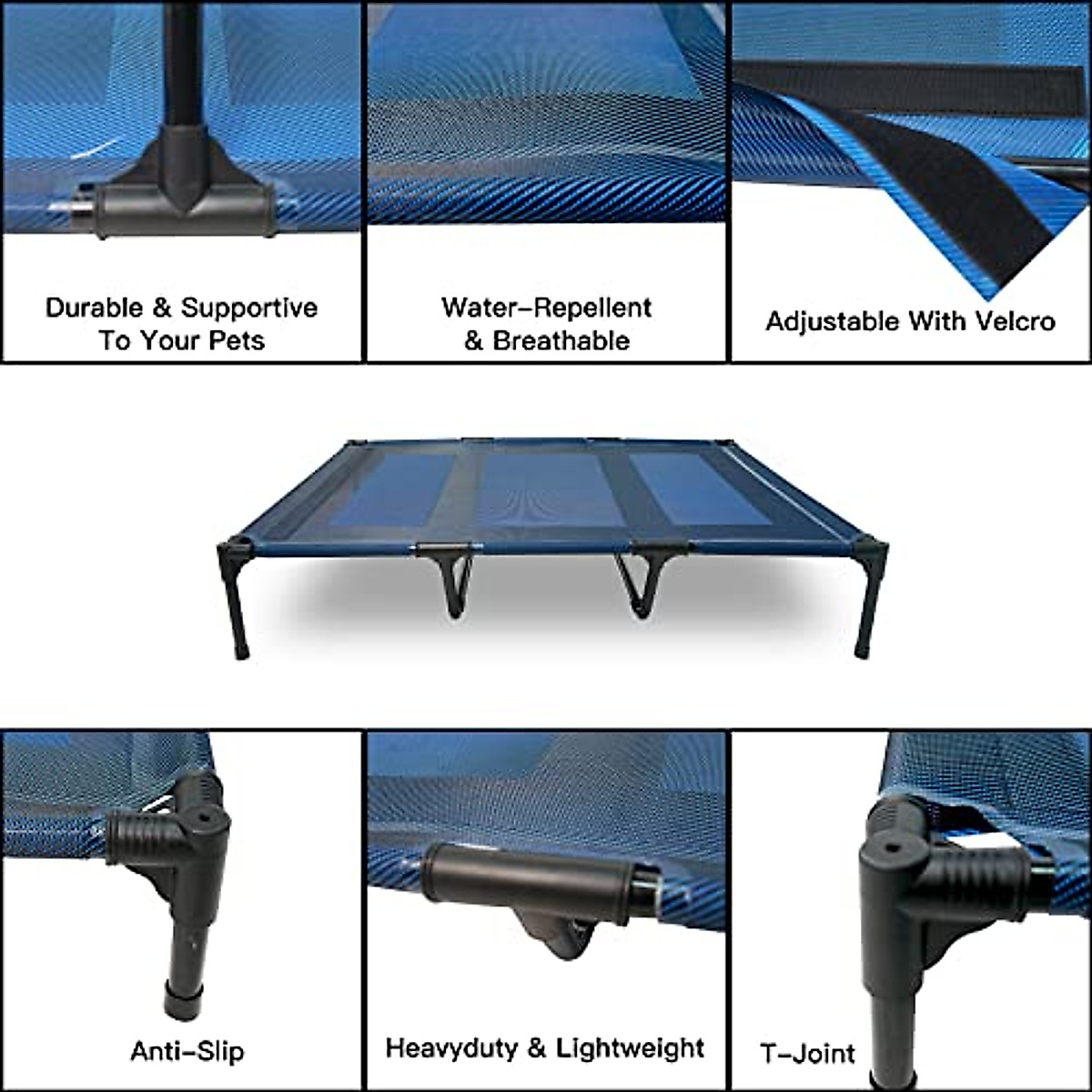 Fuzzywoozy Elevated Dog Bed, Outdoor Raised Dog Cots Beds with No-Slip Feet, Pets up to 50/70/150lbs (X-Large, Blue)