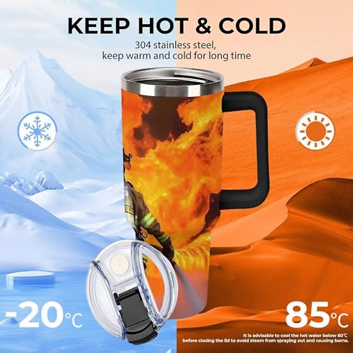 NVBSKKDH Firefighter Fireman Flame 40 Oz Stainless Steel Tumbler with Handle & Straw Double-Walled Vacuum Insulated Travel Mug for Hot/Cold Drinks, Reusable Thermal Cup for Car Cup Holder