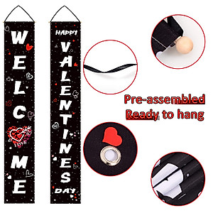 Whaline Valentines Porch Sign, Welcome and Happy Valentines Day Hanging Banners for Holiday Home Indoor Outdoor Porch Wall Valentine's Day Decoration (Black)