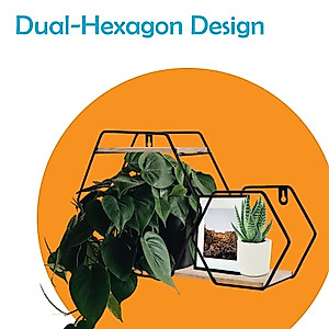 Houseables Hexagon Shelves, Wall Hanging, 16”x9”x4”, Small Wood, Black Iron, Metal Wire, Boho Geometric Honeycomb Shelf for Bathroom, Bedroom, Kitchen, Office, Storage, Plants, and Home Decor