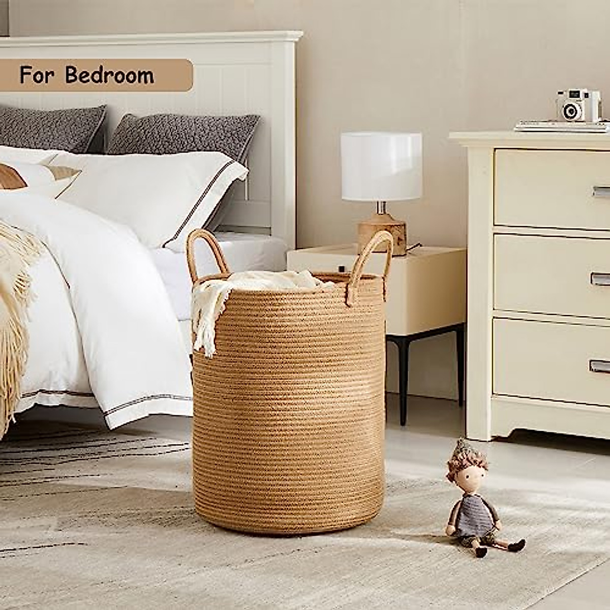 MOJOSCEND Jute Laundry Hamper Basket, 15Dx20H inches Tall Woven Rope Storage Basket for Blanket, Large Clothes Hamper for Bedroom, Baby Nursery Kids Laundry Basket Organizer