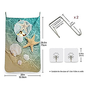 xigua Summer Beach Starfish And Seashell Hanging Laundry Hamper Bag, Hanging Laundry Basket for Holding Dirty Clothes, Space Saving Hanging Laundry Bag with Free Adjustable Steel & Suction Cup Hooks 1