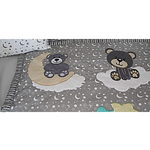 BabyFad Teddy Bear Grey with Stars, Moon and Cloud 100% Cotton Nursery for Baby Boys and Girls, Musical Mobile 9 Piece Crib Bedding Set