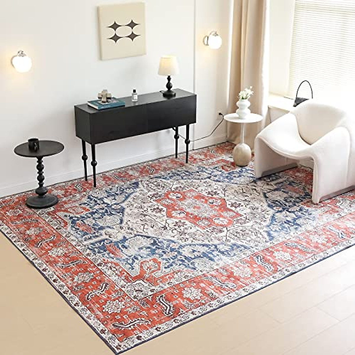 VK Living Washable Rug, 9'x12' Stain Resistant Washable Rug,Machine Washable Rug with Non-Slip,Vintage Bohemian Area Rug for Living Room Bedroom Dining Home Office Area Rug (Red, 9'x12')