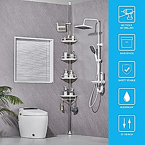 Hoomtaook Tension Pole Shower Caddy 4-Tier Shower Organizer Corner Tension Pole Shower Shelf Bathroom Corner Shower Caddy with Towel Bar for Bathroom, Bathtub Shower Storage, 37-120 Inch, Silver