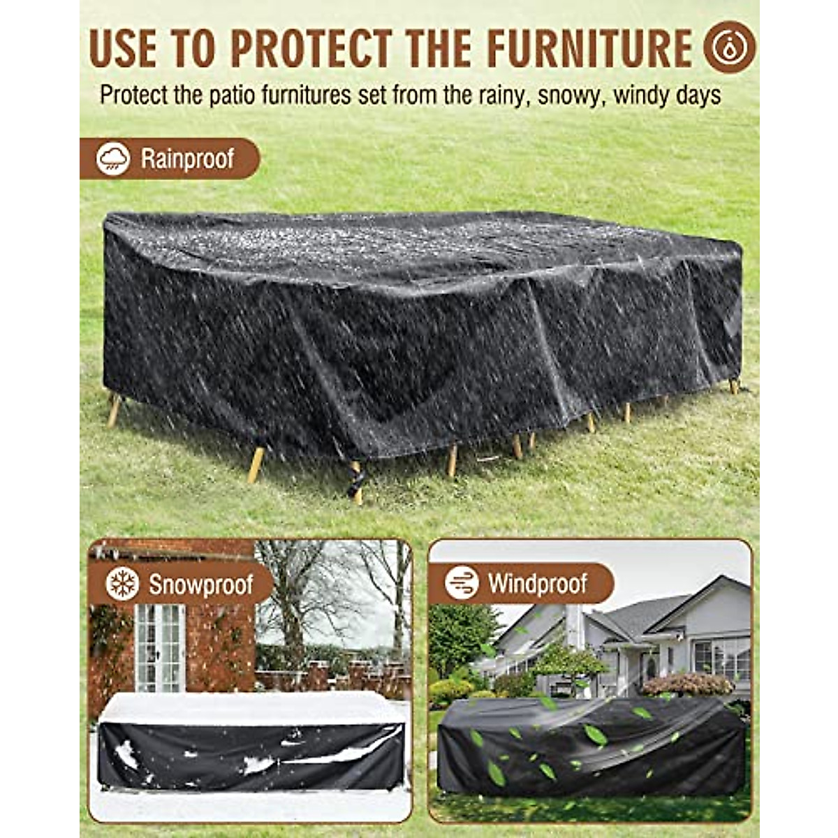 HIRALIY 118 Inch Patio Furniture Cover, Waterproof Outdoor Furniture Cover for Patio Table and Chair, Heavy Duty Rectangular Patio Furniture Set Cover for Snow Protection, 118" L x 57.5" W x 27" H