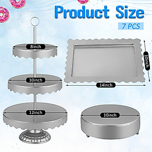 Uiifan 7 Pcs Cake Stand Set Metal Dessert Table Display Stands 3 Tiered Cupcake Holder Serving Tray Round Cake Plates Decoration for Birthday Party, Wedding, Teatime, Festival (Silver)