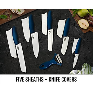 Vos Universal Knife Block and Ceramic Kitchen Knives With Peeler, Ceramic Paring Knife 4", 5", 6", 7", 8" Inch Blue