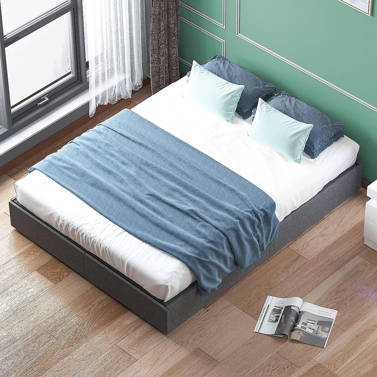 CECER California King Size Bed Frame with 2 Storage Drawers, Linen Platform Bed Frame with Wood Slat Support, No Box Spring Needed, Easy Assembly, Dark Grey