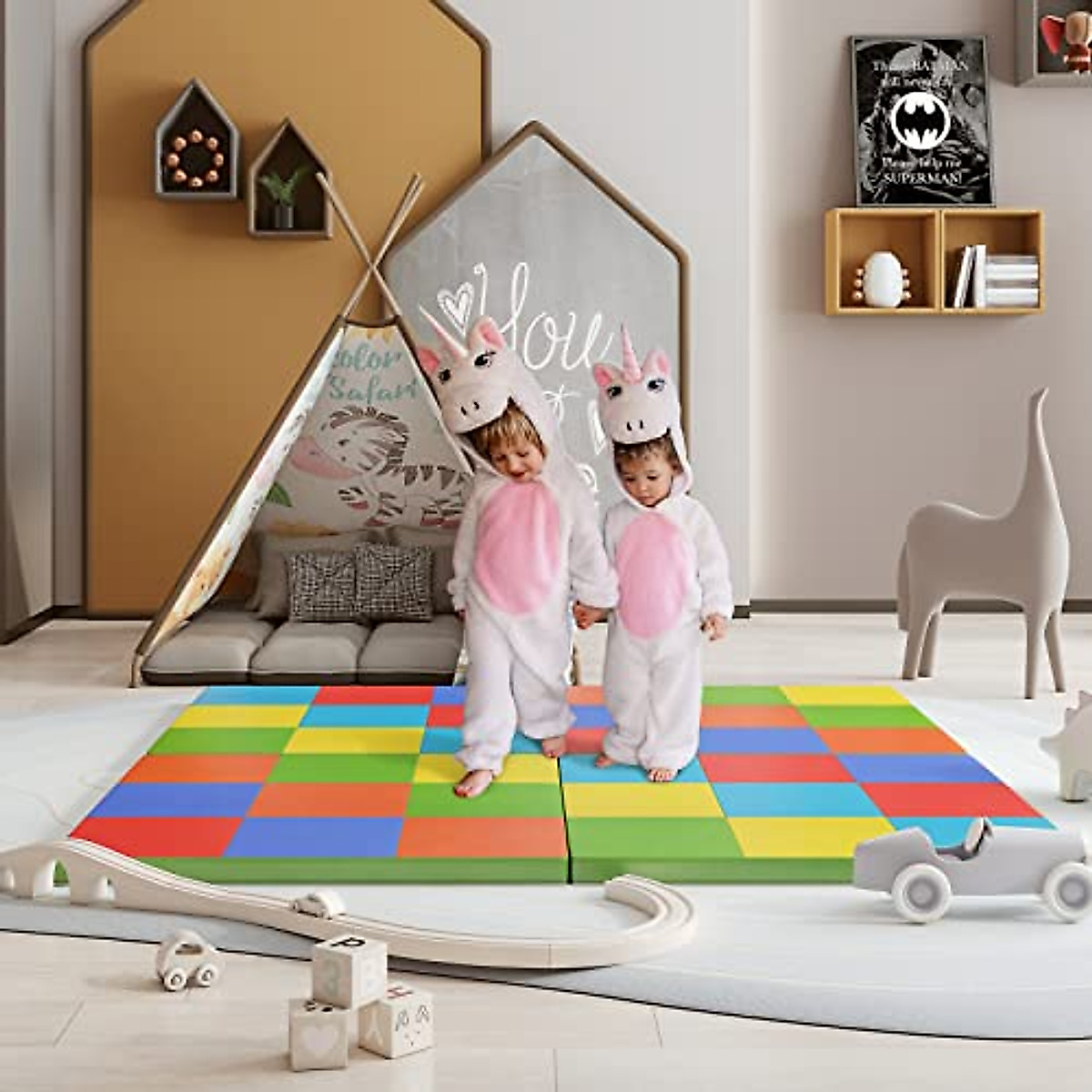 Kids Play Mat Foam Play Mat for Baby, Foldable Baby Foam Play Mat, Waterproof Non-Slip PVC Crawling Mat Suitable for Children's Room, Living Room, Kindergarten Or Nursery (Assorted)