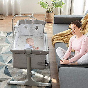 BABY JOY Baby Bassinet, Height Adjustable Portable Bassinet Crib w/Music Box, Toy Rack, Mattress, Breathable Mesh & Travel Bag, Easy Folding Bassinet Bedside Sleeper for Newborn Infant (Light Grey)