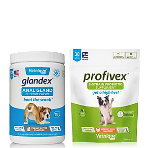 Vetnique Profivex 5-Strain Probiotic for Dogs Soft Chews (30ct) & Glandex for Dogs Anal Gland Fiber Support Peanut Butter Soft Chews (120ct) Bundle